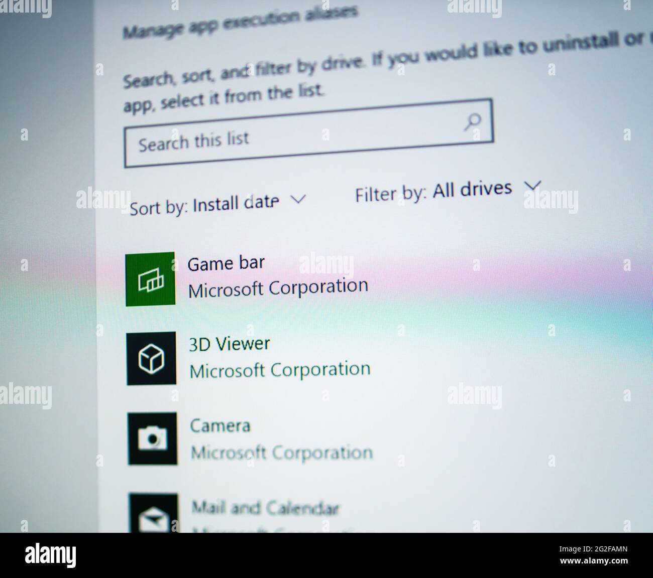 Close-up of installation menu all apps with Game Bar, 3d Viewer, Camera ...