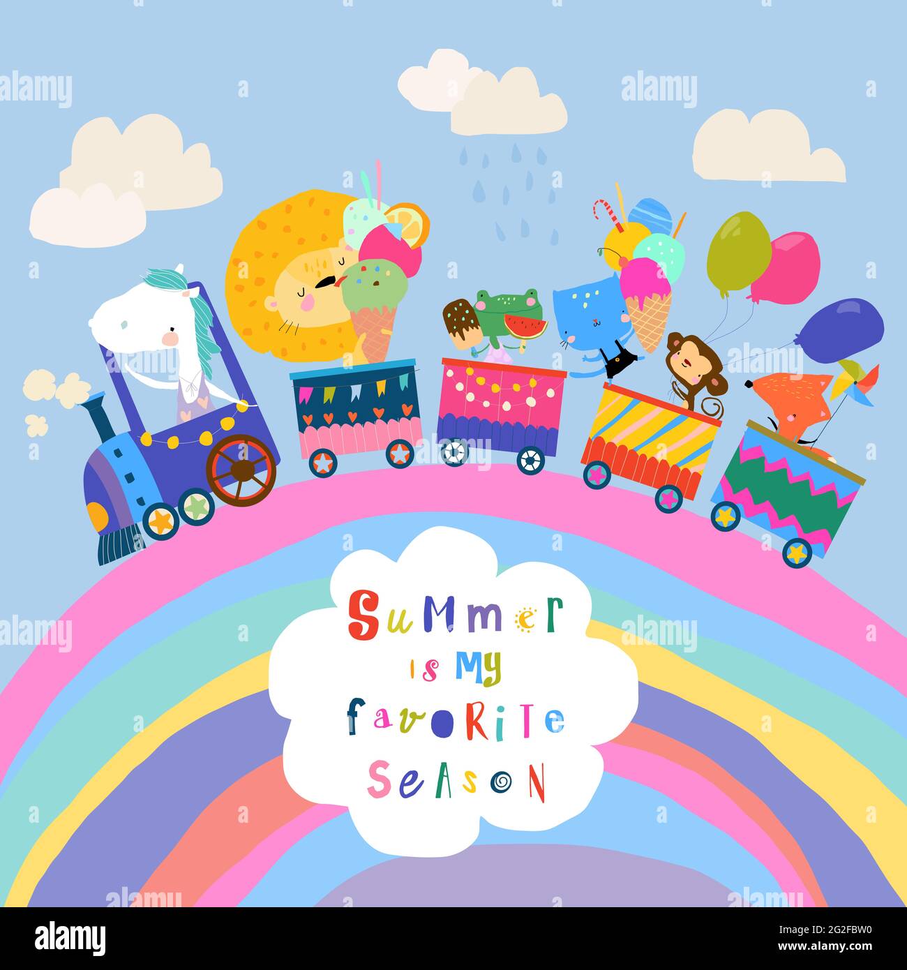 Happy Animals traveling by Train on Rainbow Stock Vector Image & Art ...