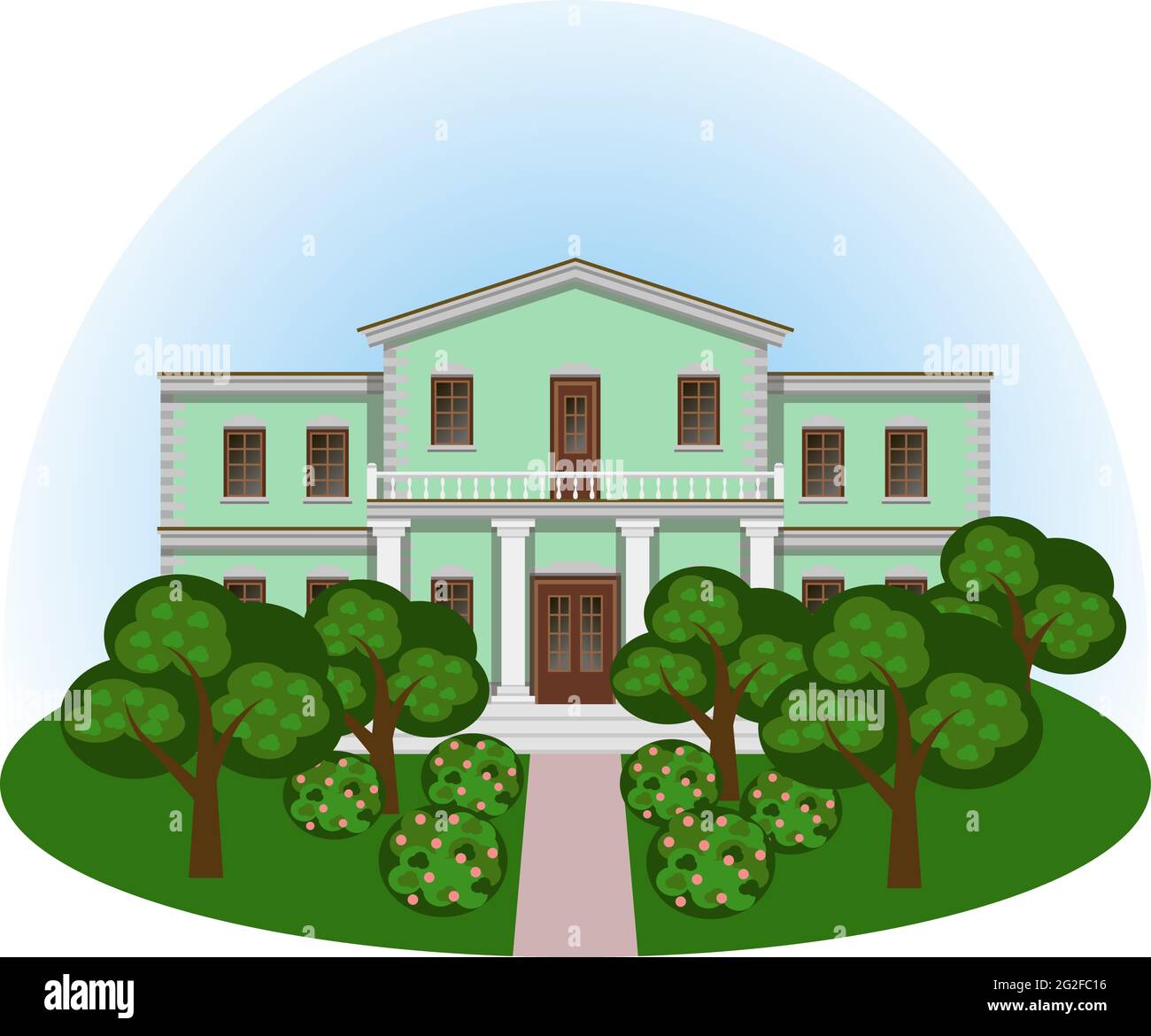 Manor house in summer landscape, front view. Colorful cartoon scene ...