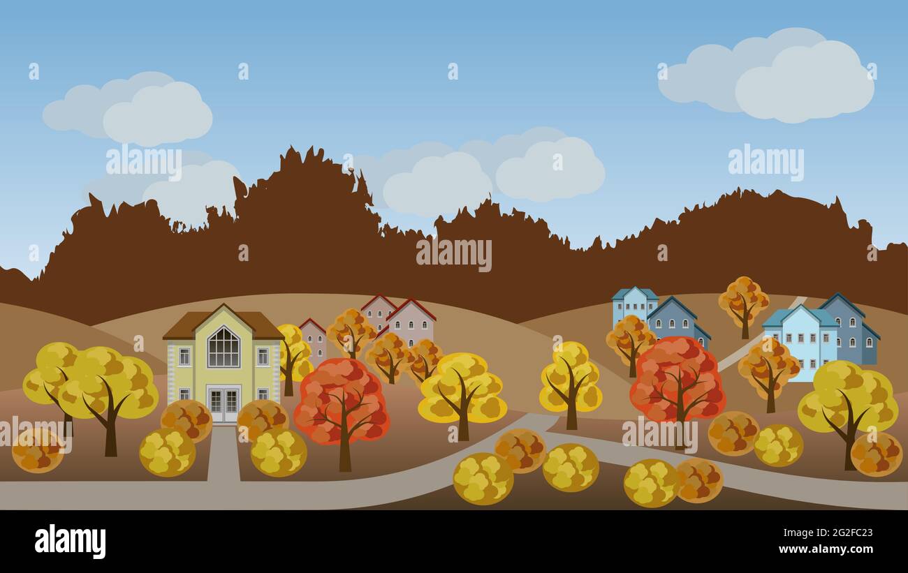 Village autumn landscape scene. Cartoon background with town houses ...