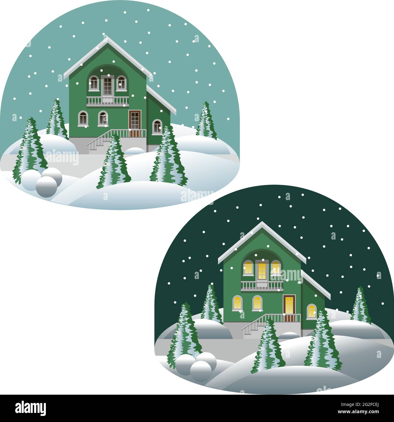 Set of vector houses in winter landscape, day and night. Manor house ...