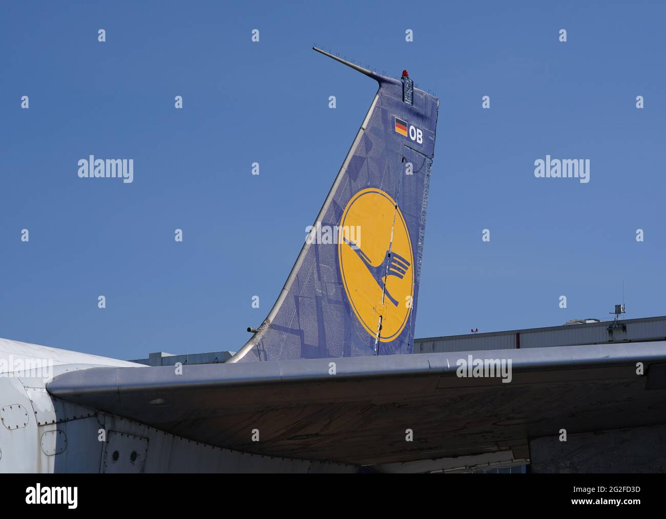 11 June 2021, Hamburg: View of the vertical stabilizer of a Boeing 707 ...
