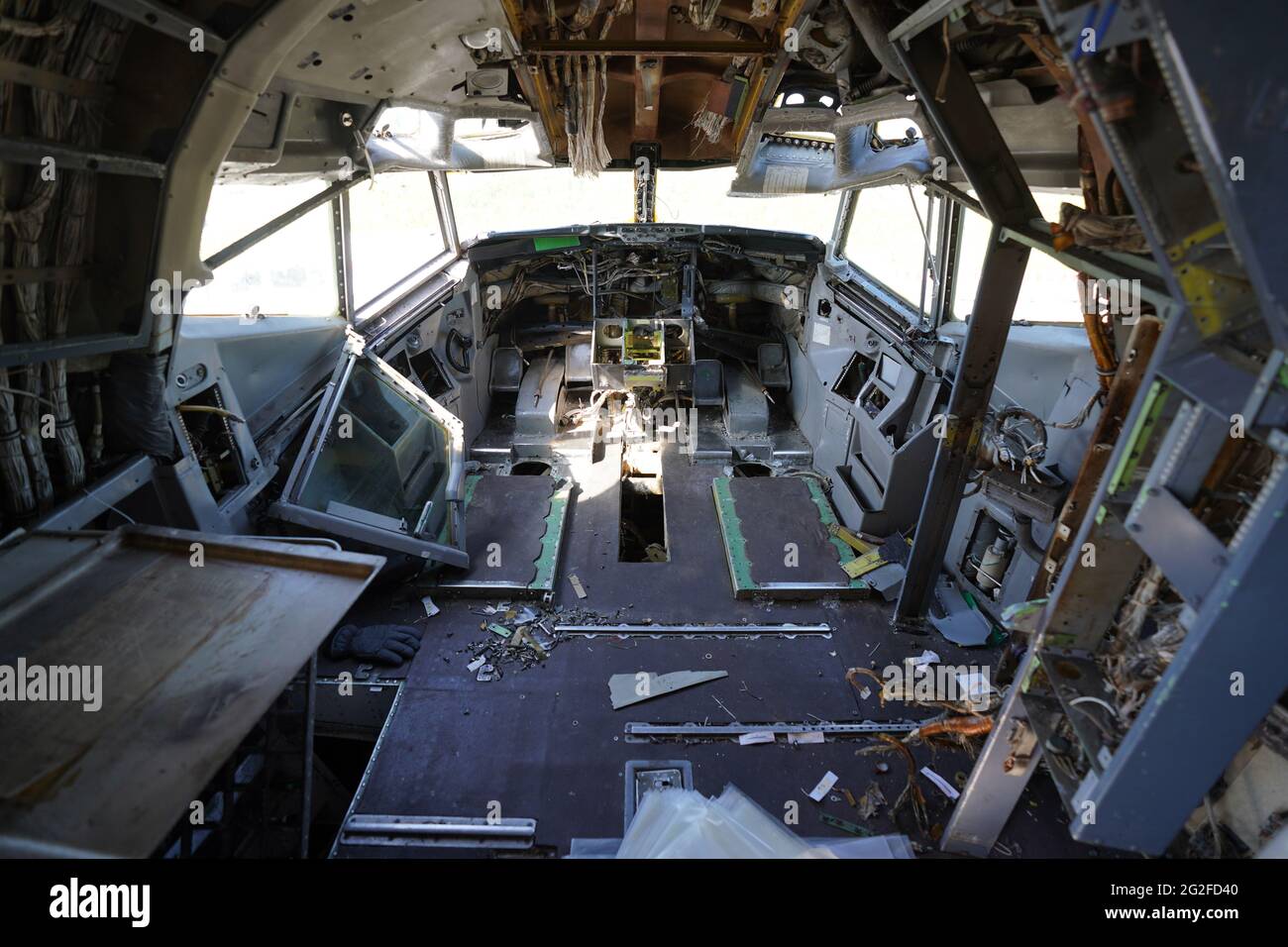 11 June 2021, Hamburg: View into the empty gutted cockpit of a Boeing ...