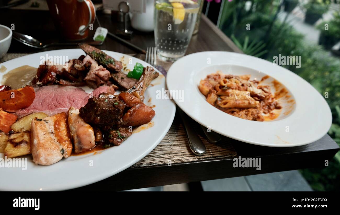 Buffet food red meat cuisineon a plate sit down eating out five star ...