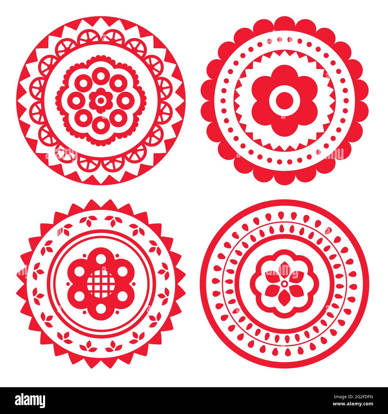 Polish folk art vector mandala design set with flowers, round ...