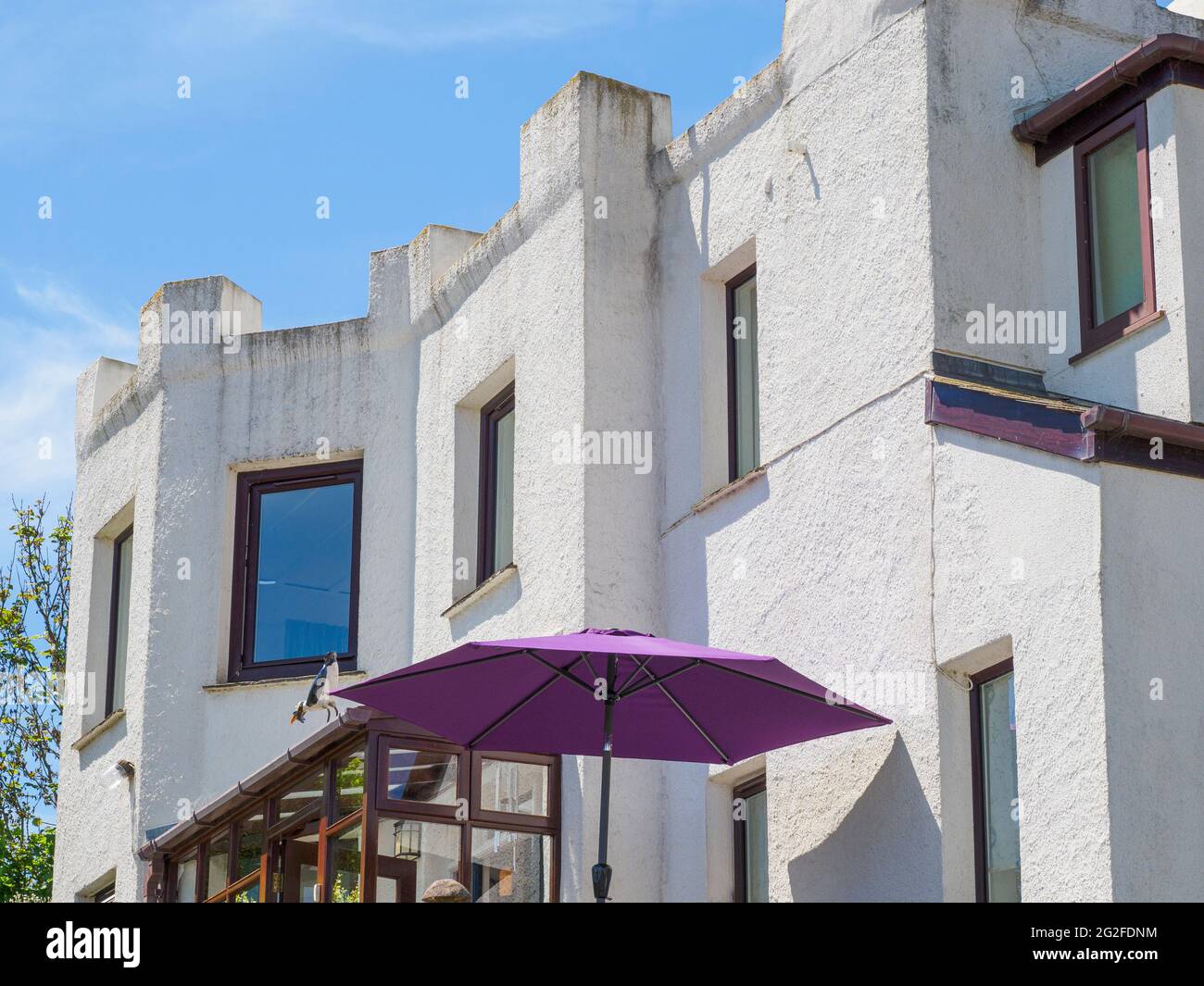 Unusual house with purple sun shade, Bude, Cornwall, UK Stock Photo - Alamy