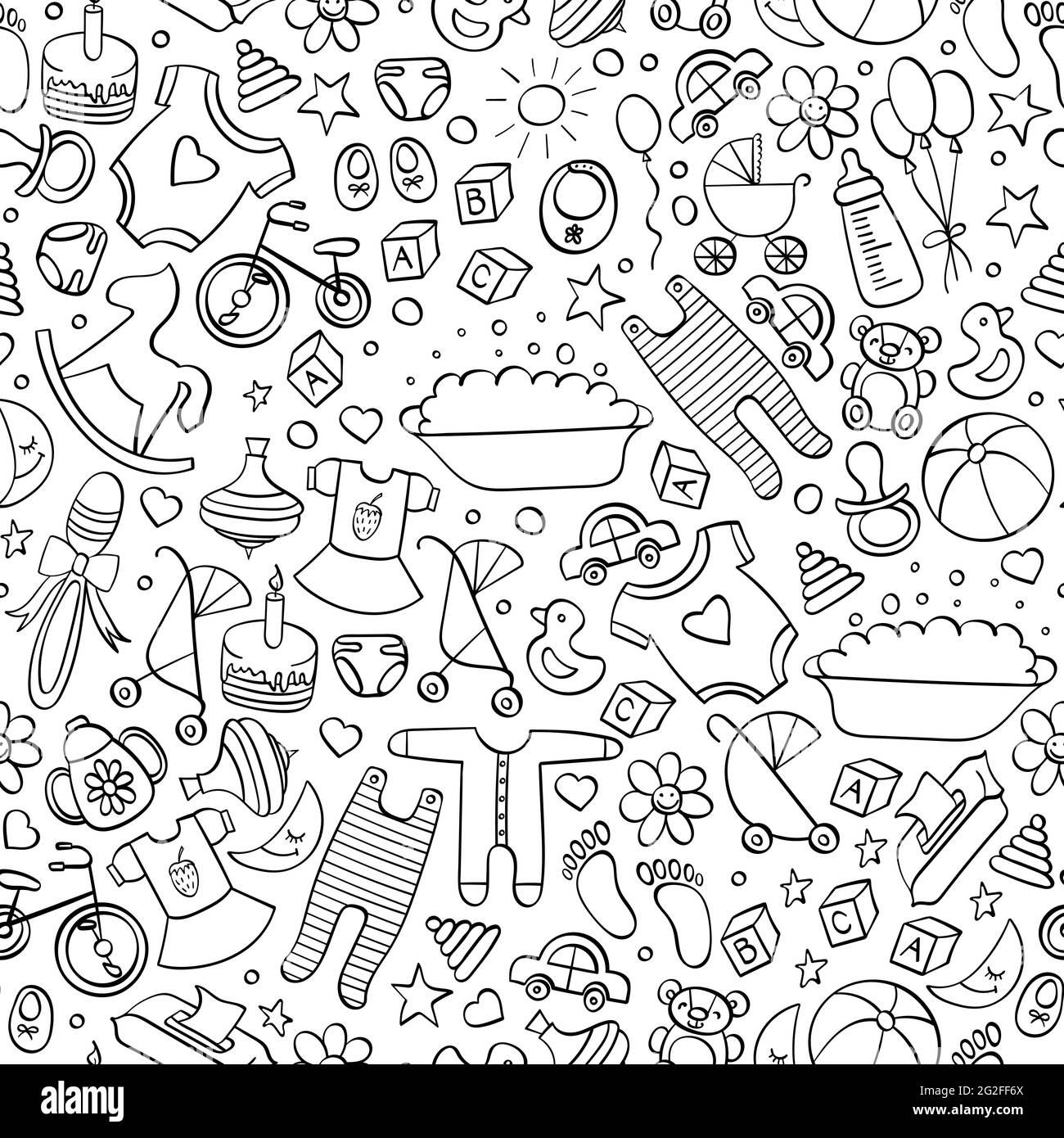 Baby doodles seamless pattern. Kids hand drawn icons on white ...