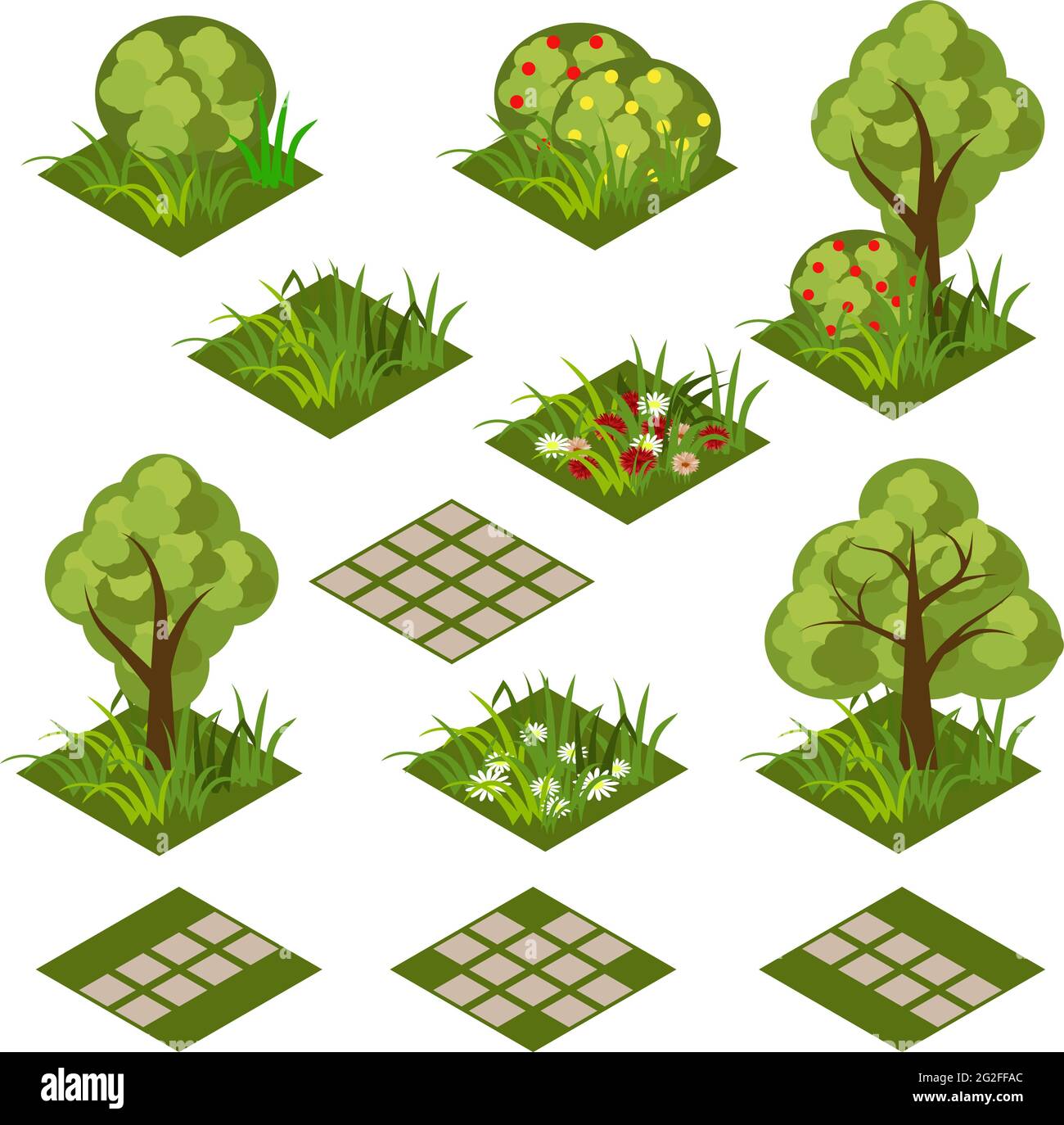 Garden or farm isometric tile set. Isolated isometric tiles with grass ...