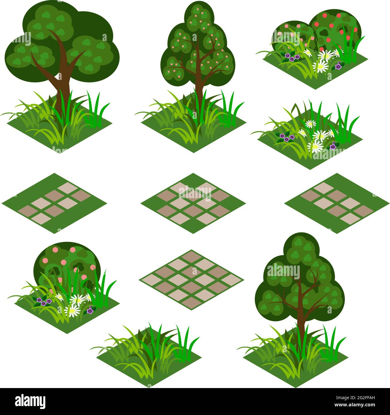 Garden or farm isometric tile set. Isolated isometric tiles with grass ...