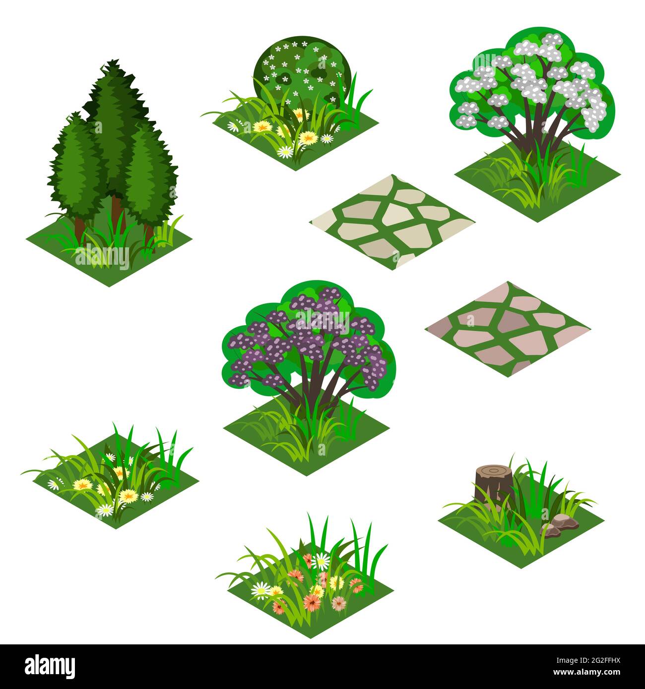 Garden or farm isometric tile set. Isolated isometric tiles with grass ...