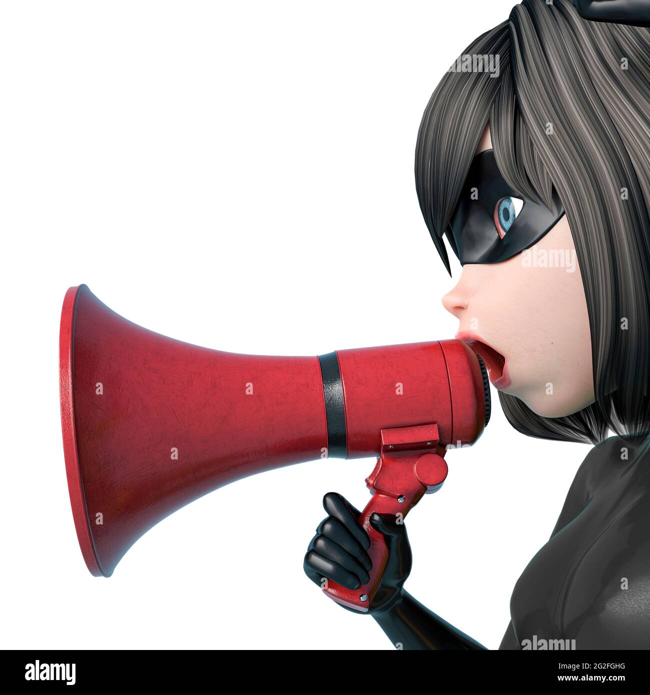 super girl cartoon is talking on megaphone close up view, 3d ...