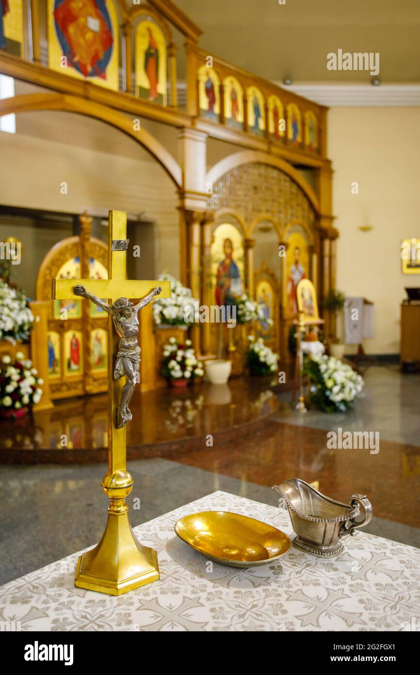 Altar at the church with ceremonial objects for Baptism Stock Photo - Alamy