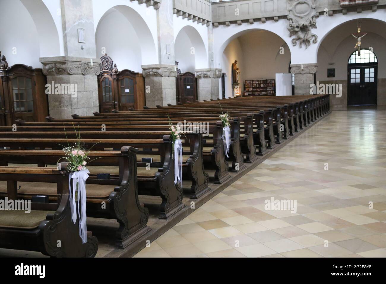 Empty church hall with decorations Stock Photo - Alamy