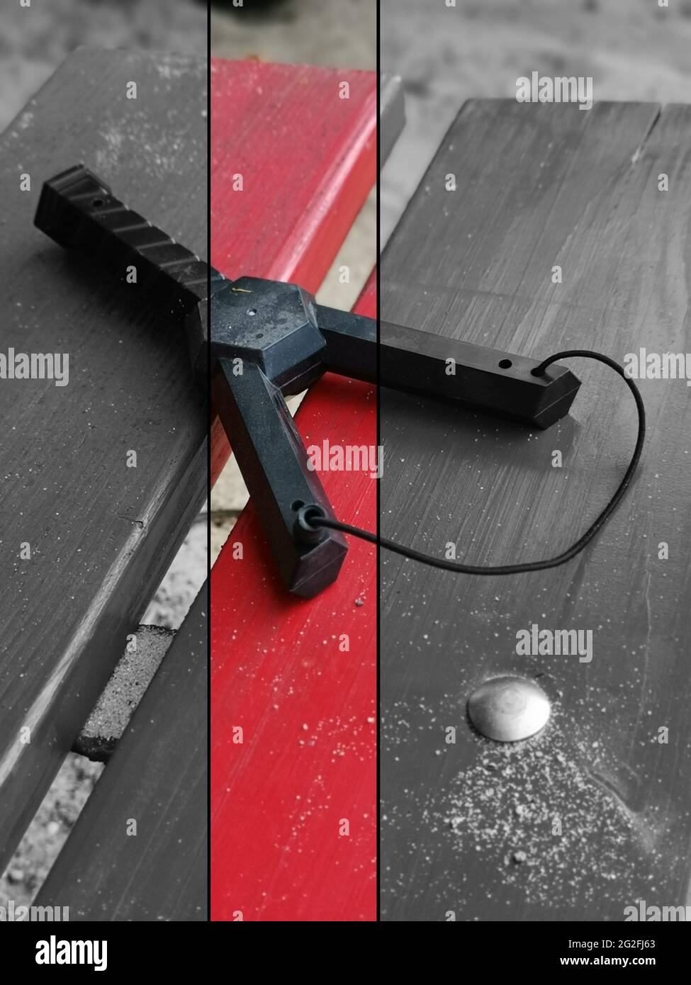 Vertical shot of slingshot on a wooden bench - greyscale and colored ...