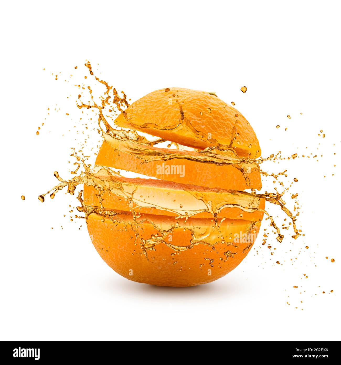 Orange fruit sliced with splashing juice on white background Stock ...