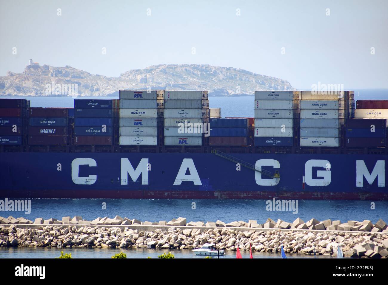 View of a container ship CMA CGM "KATHERINE" on arrival in Marseille ...