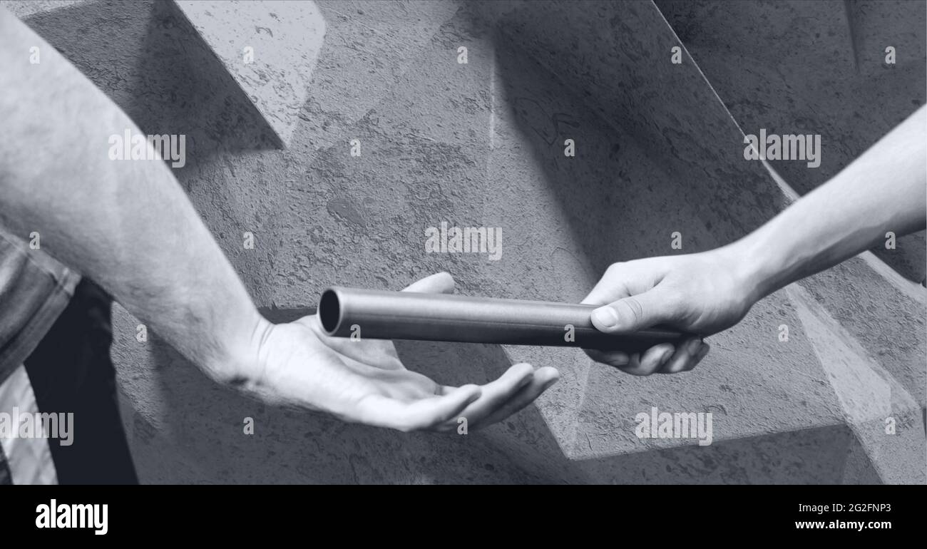 Black and white image of close up of hand passing a baton against 3d ...