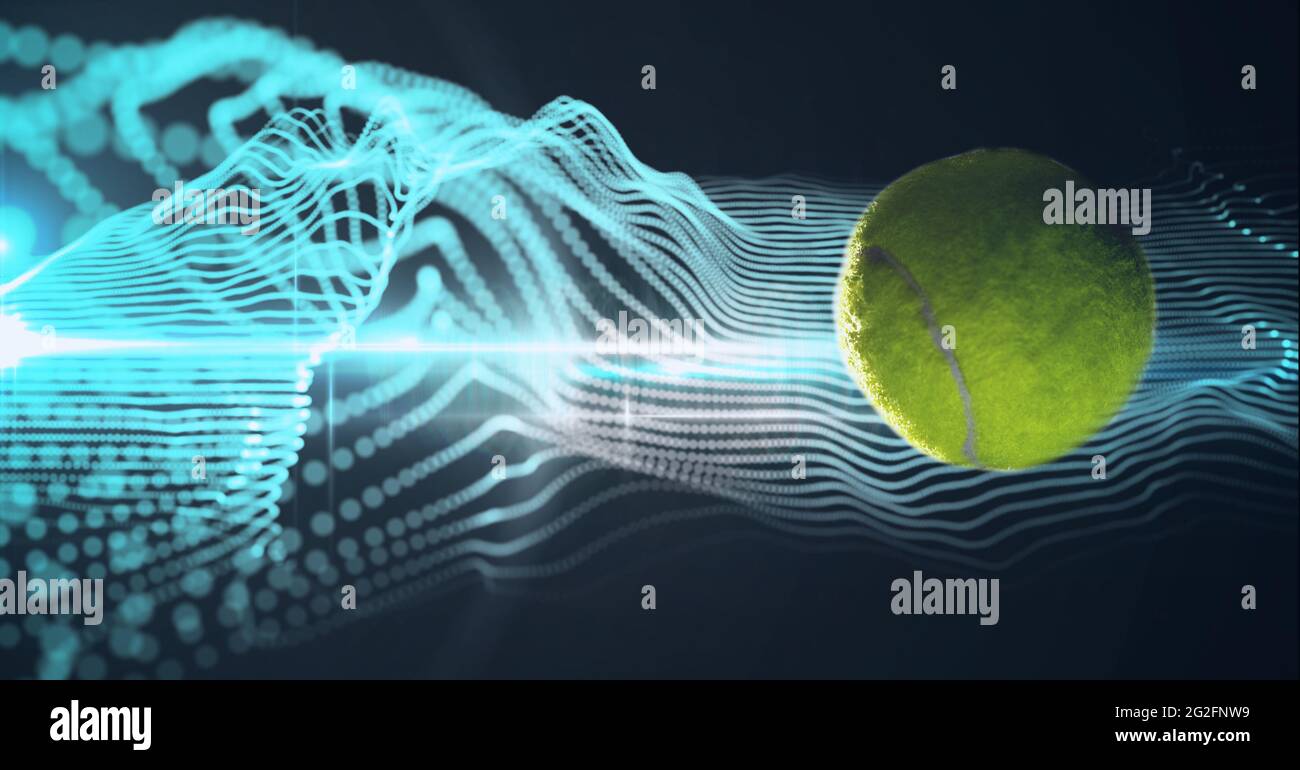 Composition of tennis ball on black background with light trails Stock ...