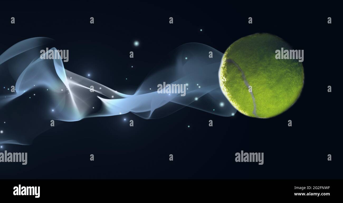 Composition of tennis ball on black background with light trails Stock ...