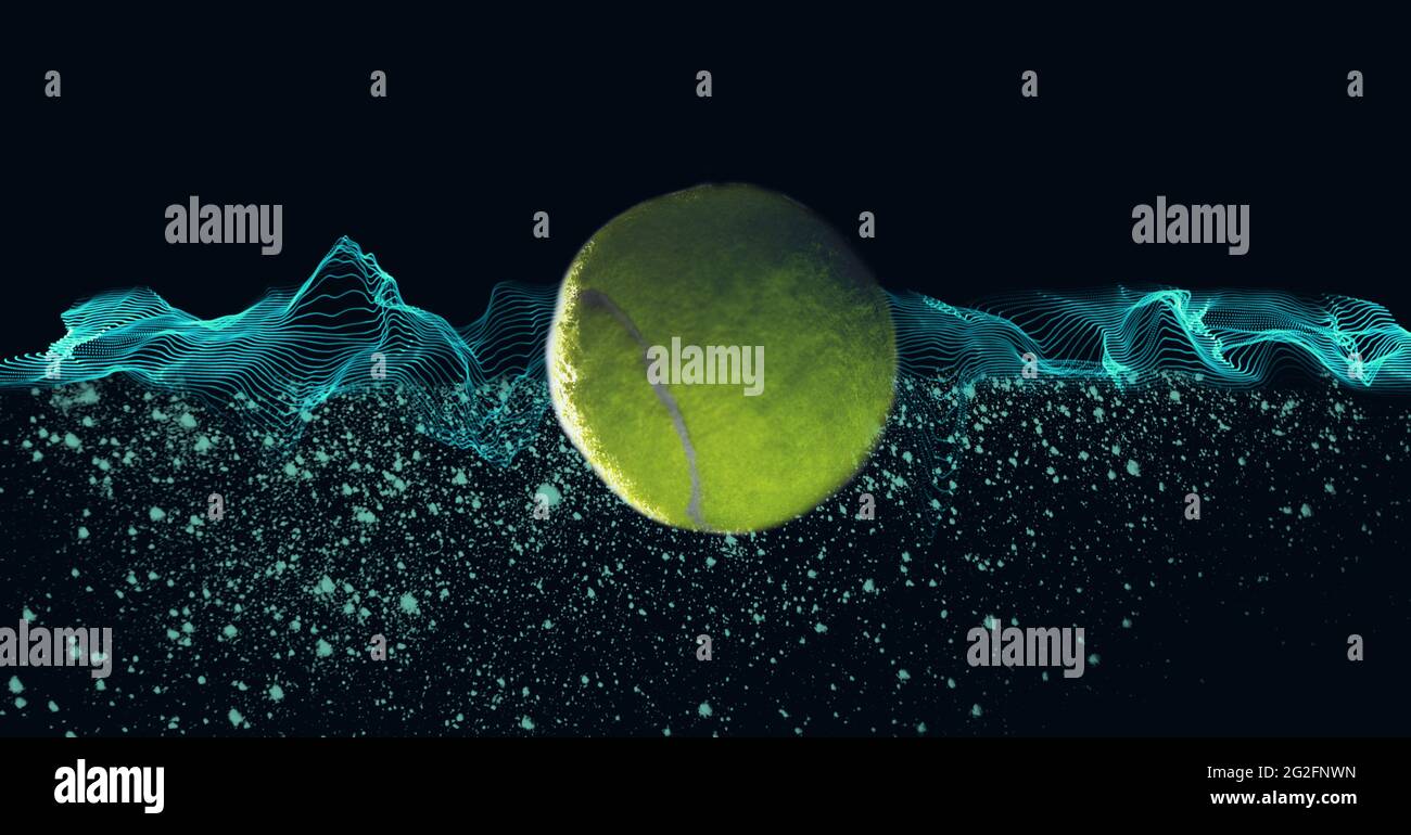 Composition of tennis ball on black background with light trails Stock ...