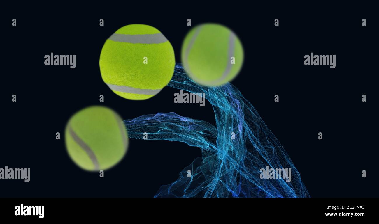 Composition of tennis balls on black background with light trails Stock ...