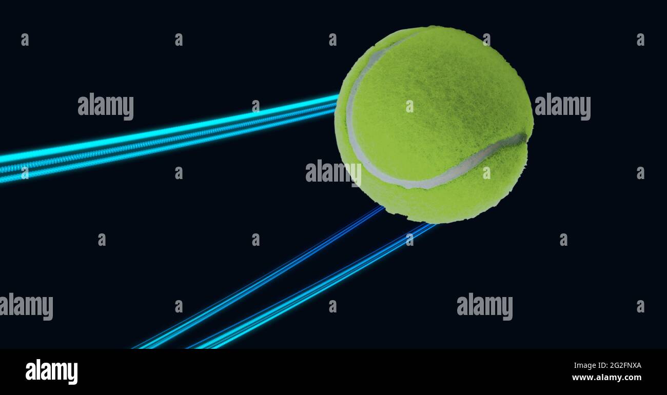 Composition of tennis ball on black background with light trails Stock ...