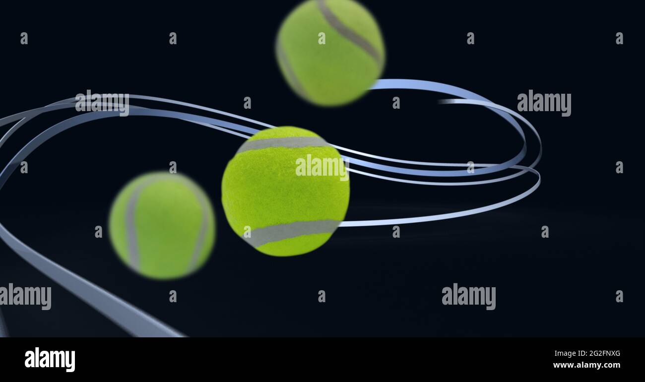 Composition of tennis balls on black background with trails Stock Photo ...