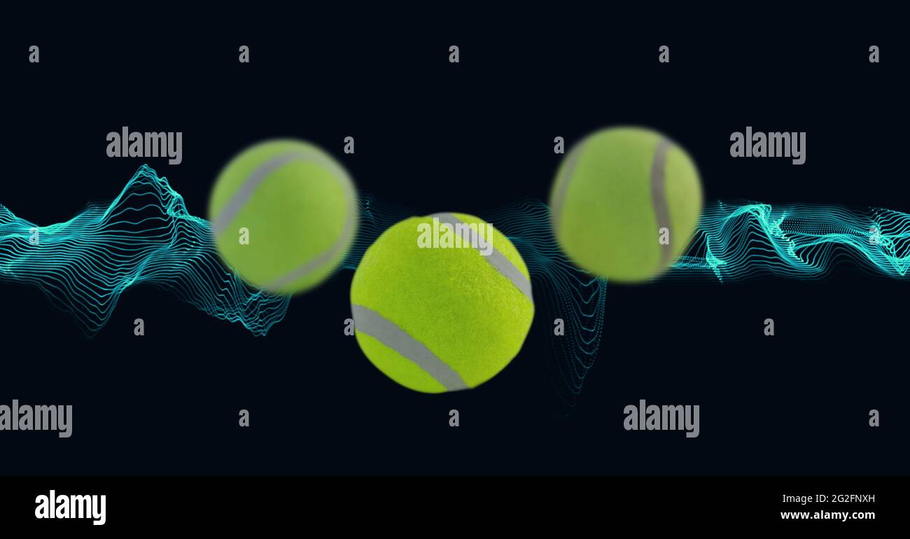 Composition of tennis balls on black background with light trails Stock ...