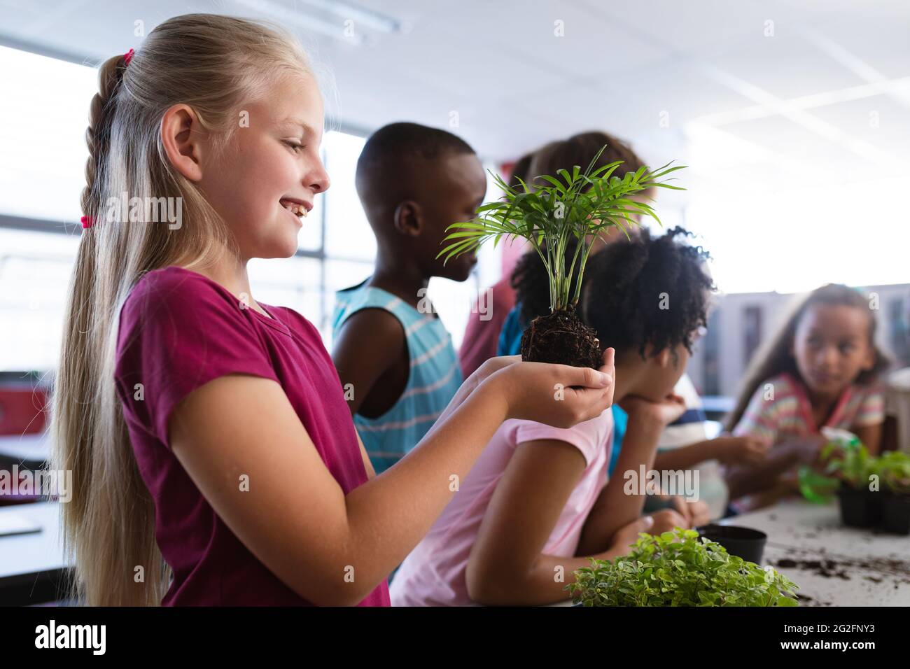 Caucasian girl smiling while holding a plant seedling in the class at ...