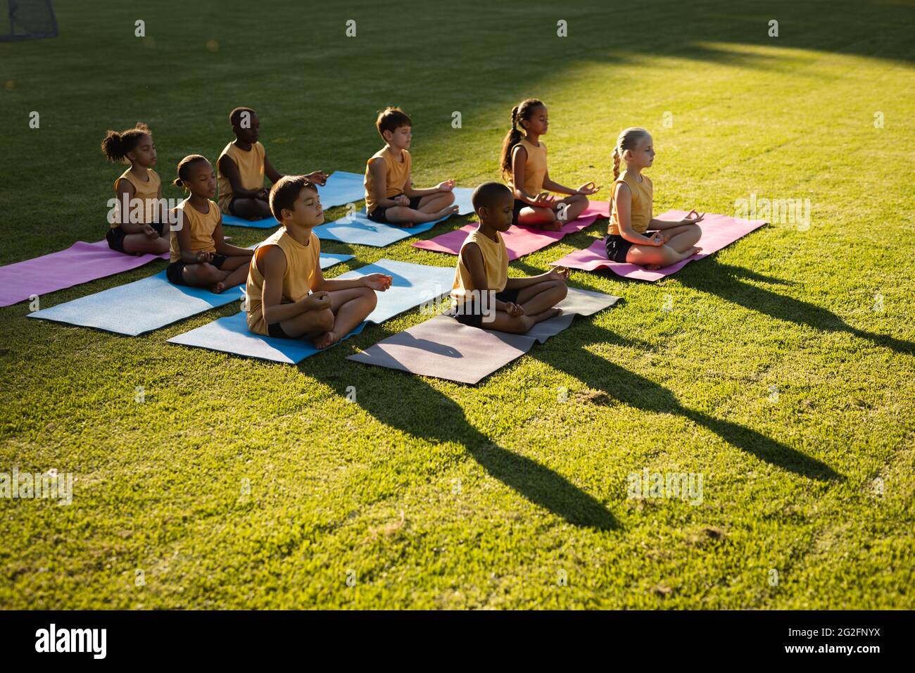 Group of diverse students practicing yoga and meditating sitting on ...