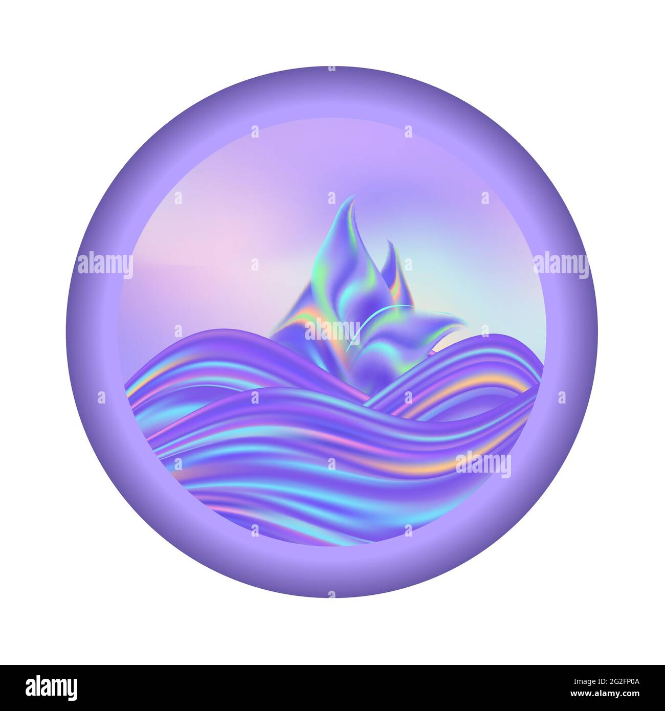 Sea travel emblem, holographic colors, waves and sail. Rainbow pastel ...
