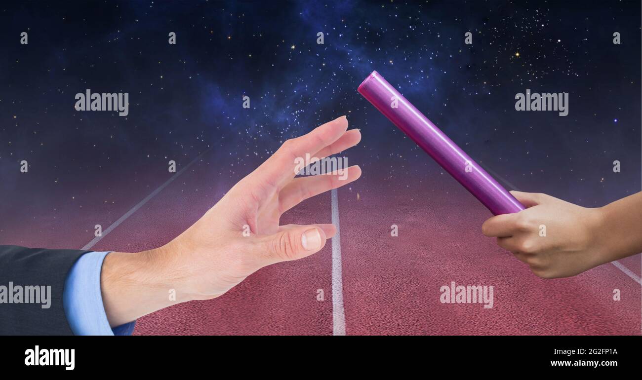 Composition of two people passing purple relay baton on racing track ...