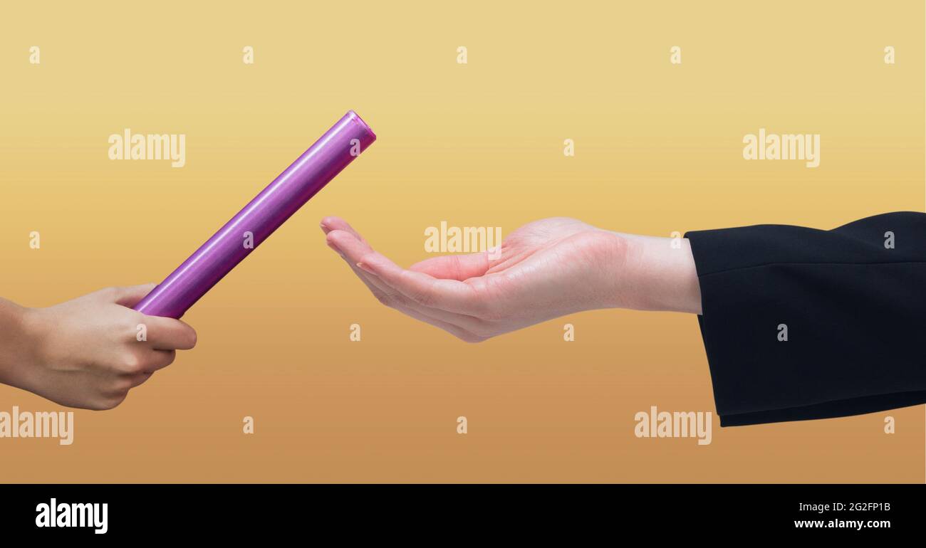 Composition of two people passing purple relay baton on yellow ...