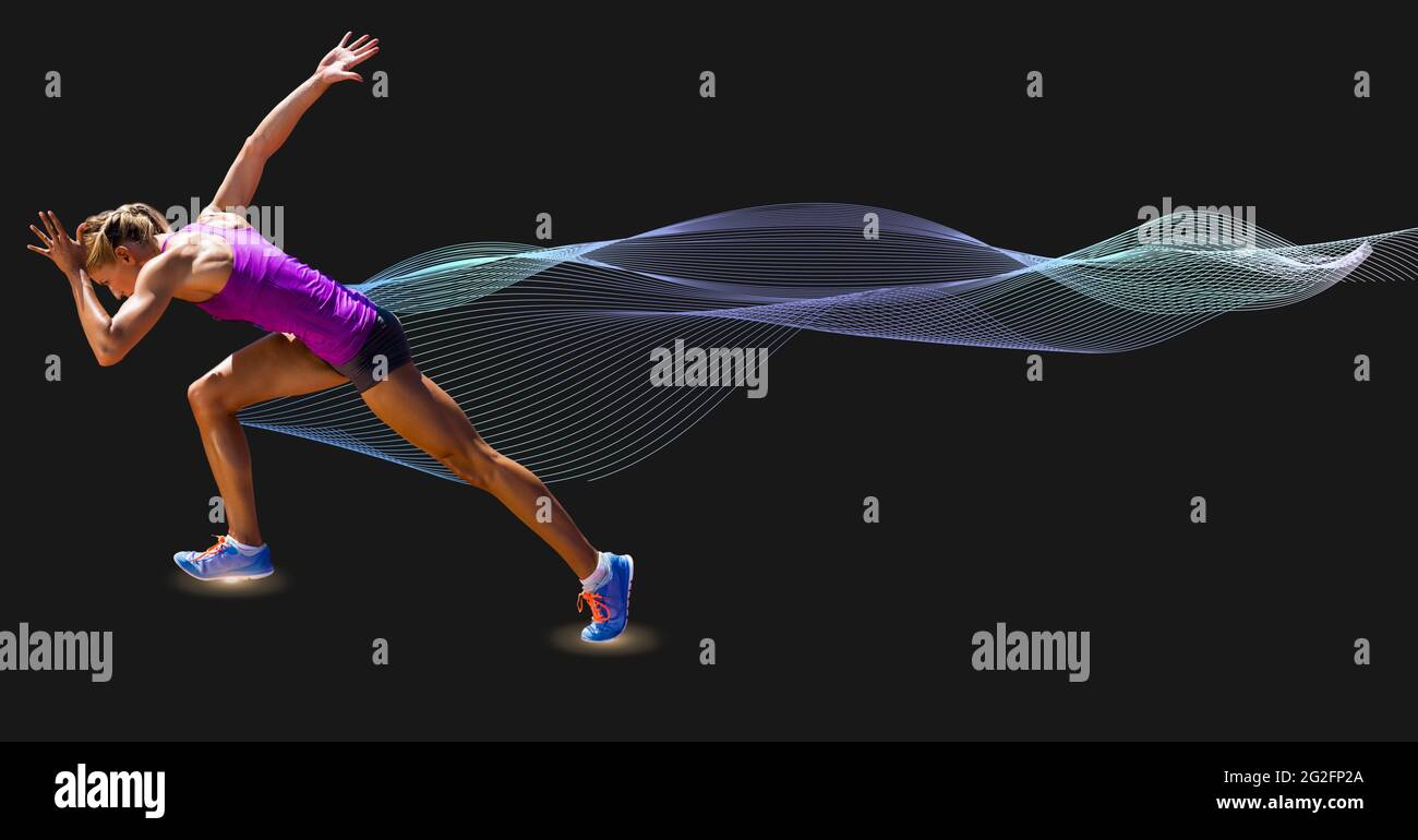 Composition of caucasian female athlete running on black background ...