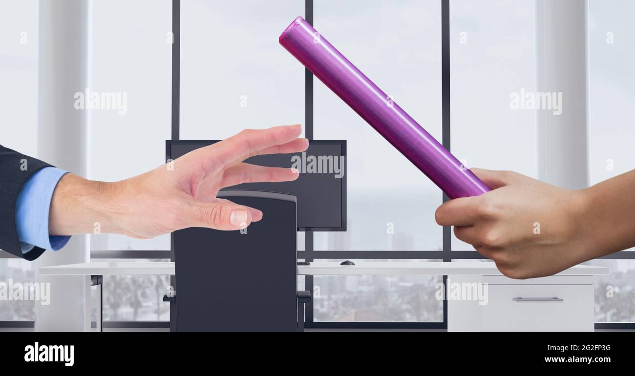 Composition of two people passing purple relay baton over empty office ...