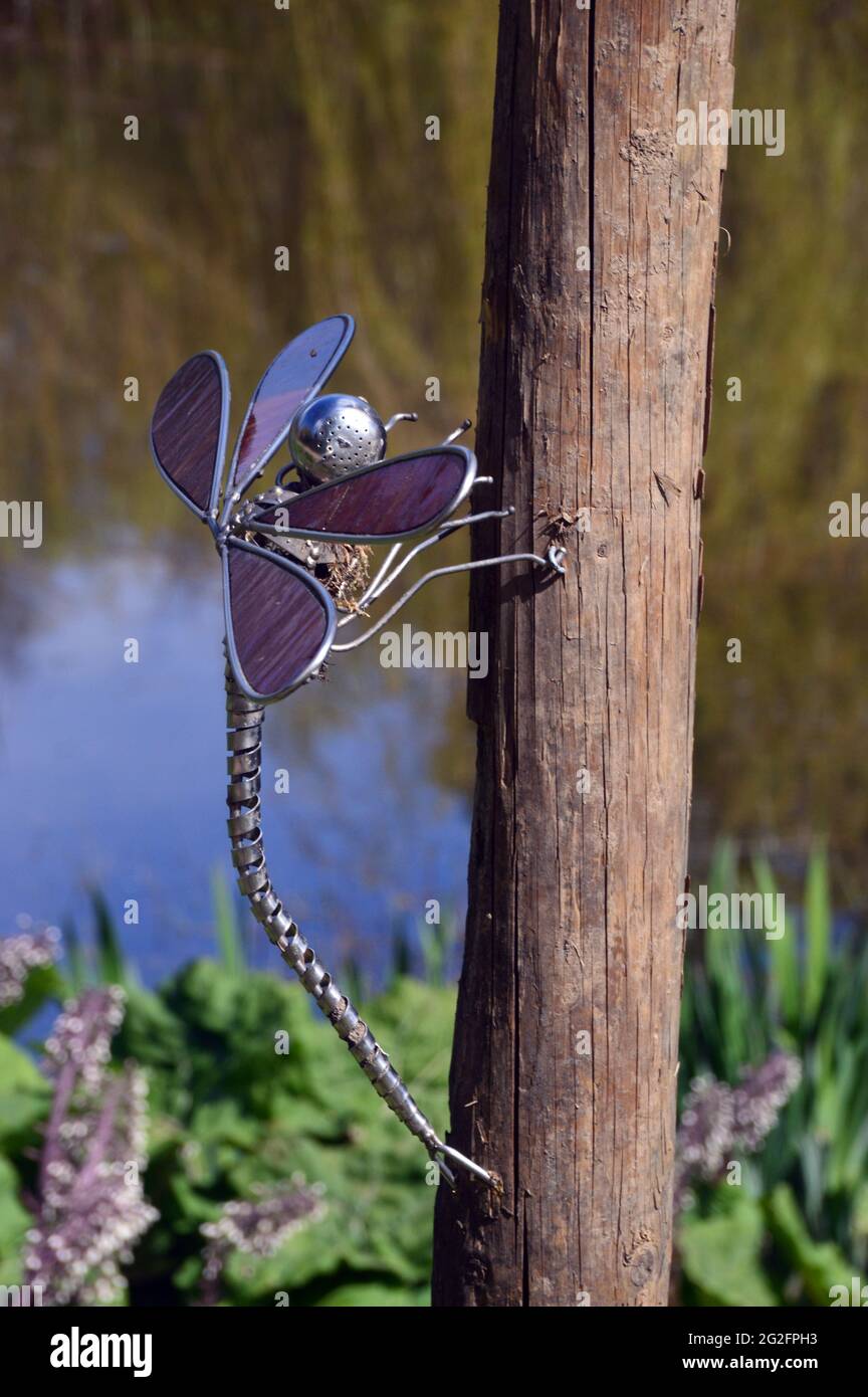 Purple Metal Dragonfly Sculpture on a Post by the Magnolia Lake at The ...