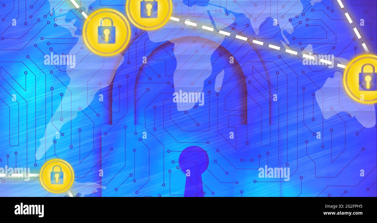 Composition Of Network Of Security Padlock Icons Over World Map Computer Circuit Board Stock