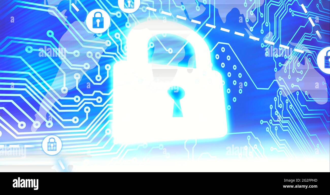 Composition Of Network Of Security Padlock Icons Over World Map Computer Circuit Board Stock