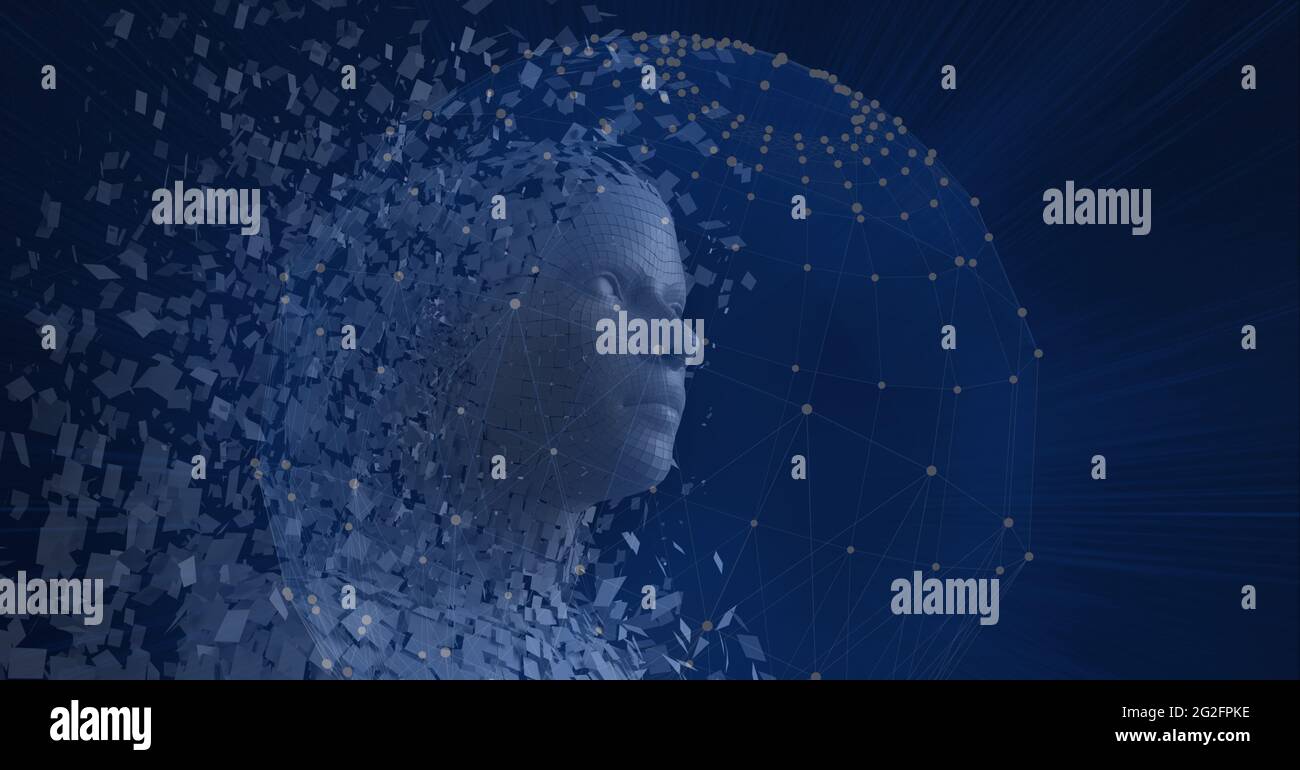 Composition Of Exploding Human Bust Formed With Particles Over Globe Of Network Of Connections