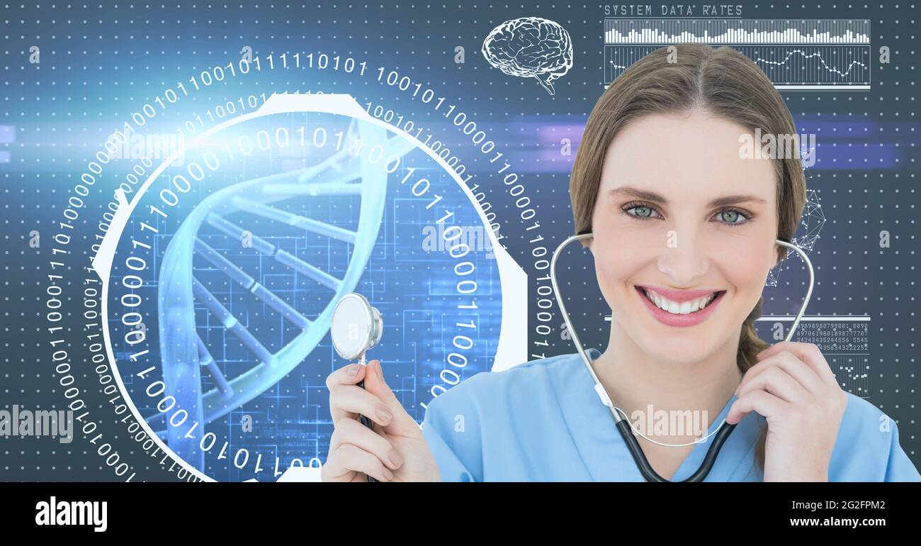 Composition of smiling female doctor holding stethoscope with dna ...