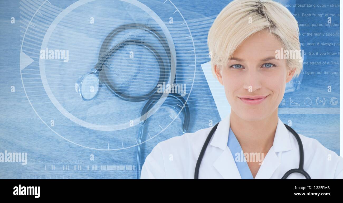 Composition of smiling female doctor with dna strand, stethoscope and ...