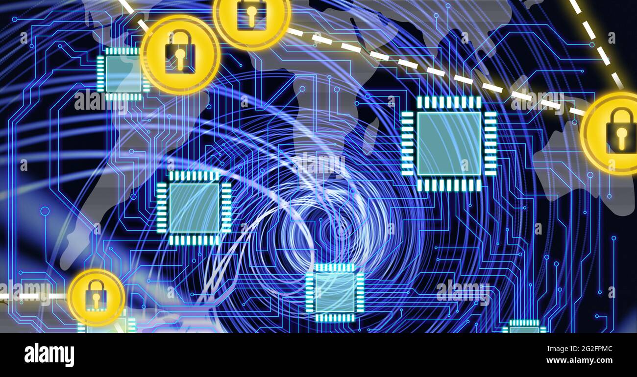 Composition Of Network Of Security Padlock Icons Over World Map Computer Circuit Board Stock