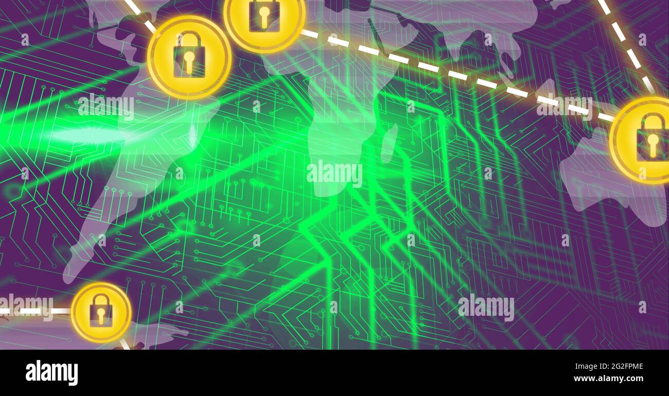 Composition Of Network Of Security Padlock Icons Over World Map Computer Circuit Board Stock