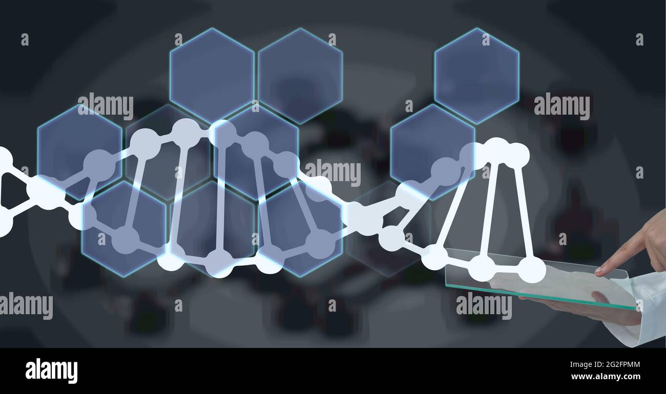 Composition of dna strand and network of hexagons over doctor using ...