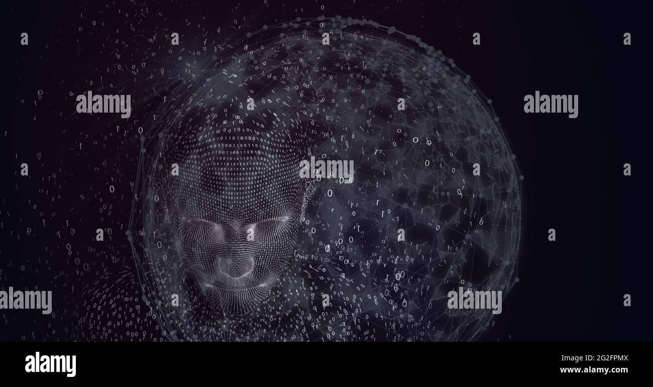 Composition of exploding bust formed with particles and globe of ...