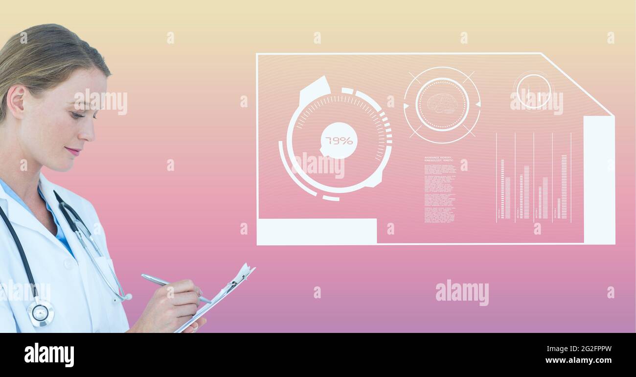 Composition of female doctor writing with medical data processing Stock ...