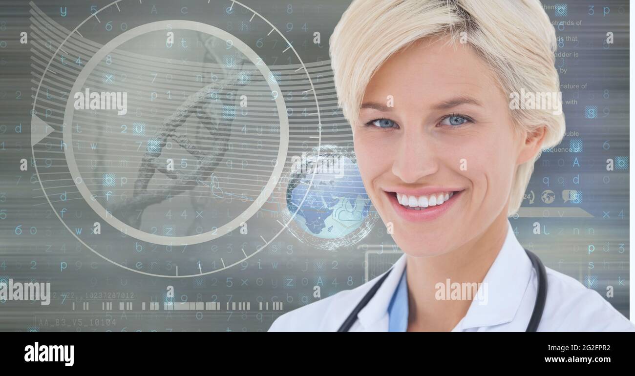 Composition of smiling female doctor with dna strand and medical data ...