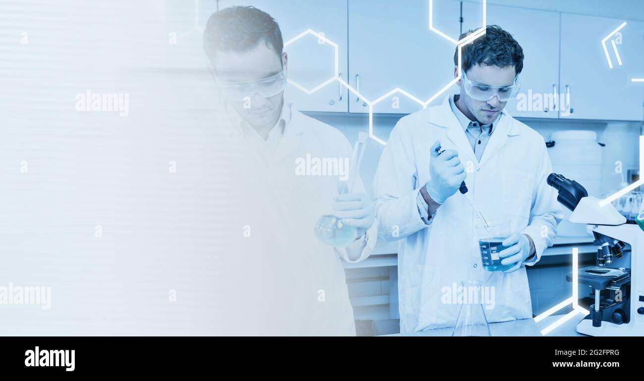 Composition of male scientists holding beaker test tubes with copy ...