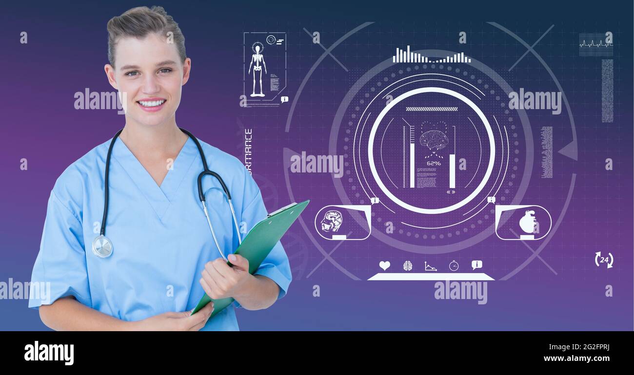 Composition of smiling female doctor with medical data processing Stock ...