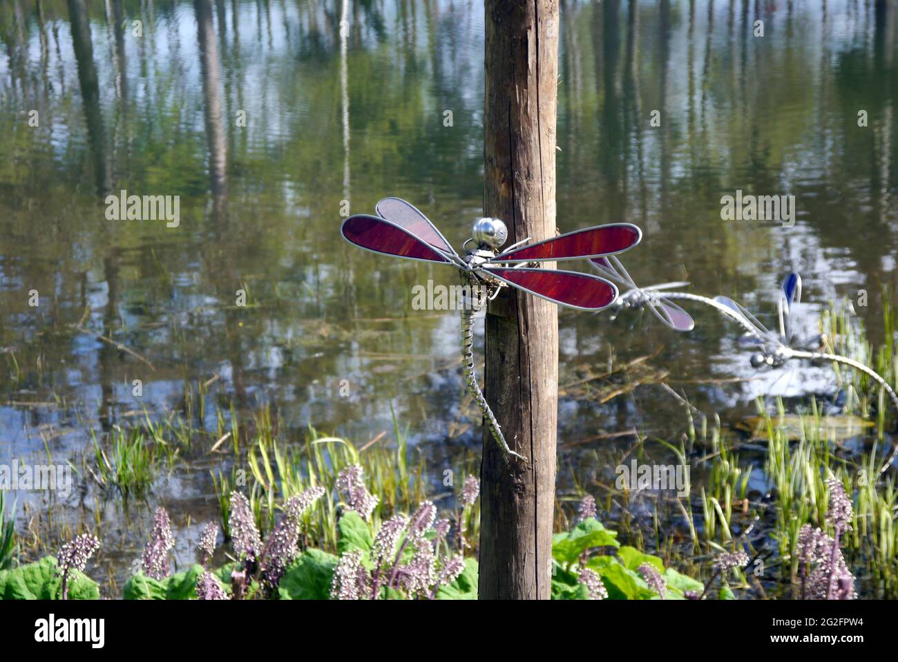 Red Metal Dragonfly Sculpture on a Post by the Magnolia Lake at The ...